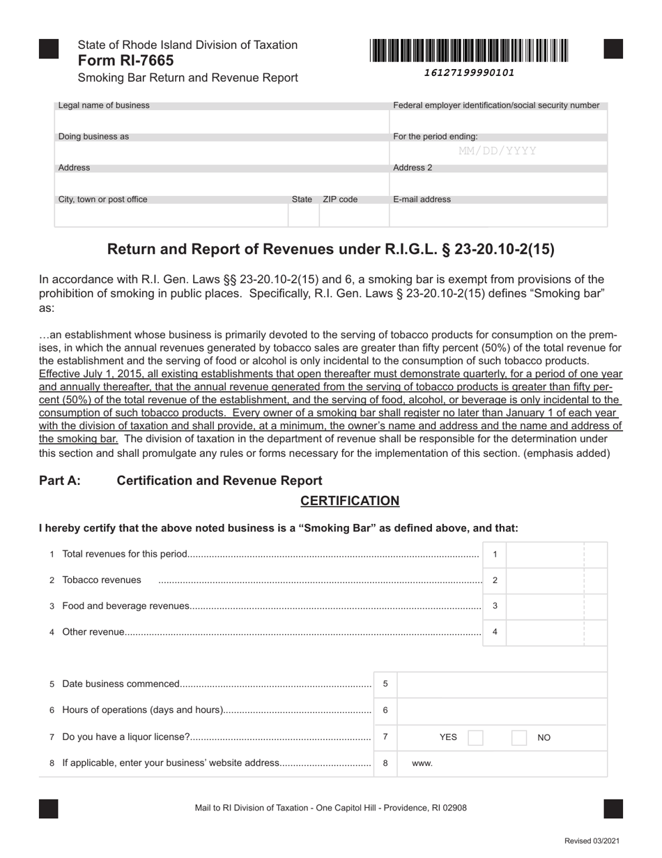 Form RI-7665 Download Fillable PDF or Fill Online Smoking Bar Return ...