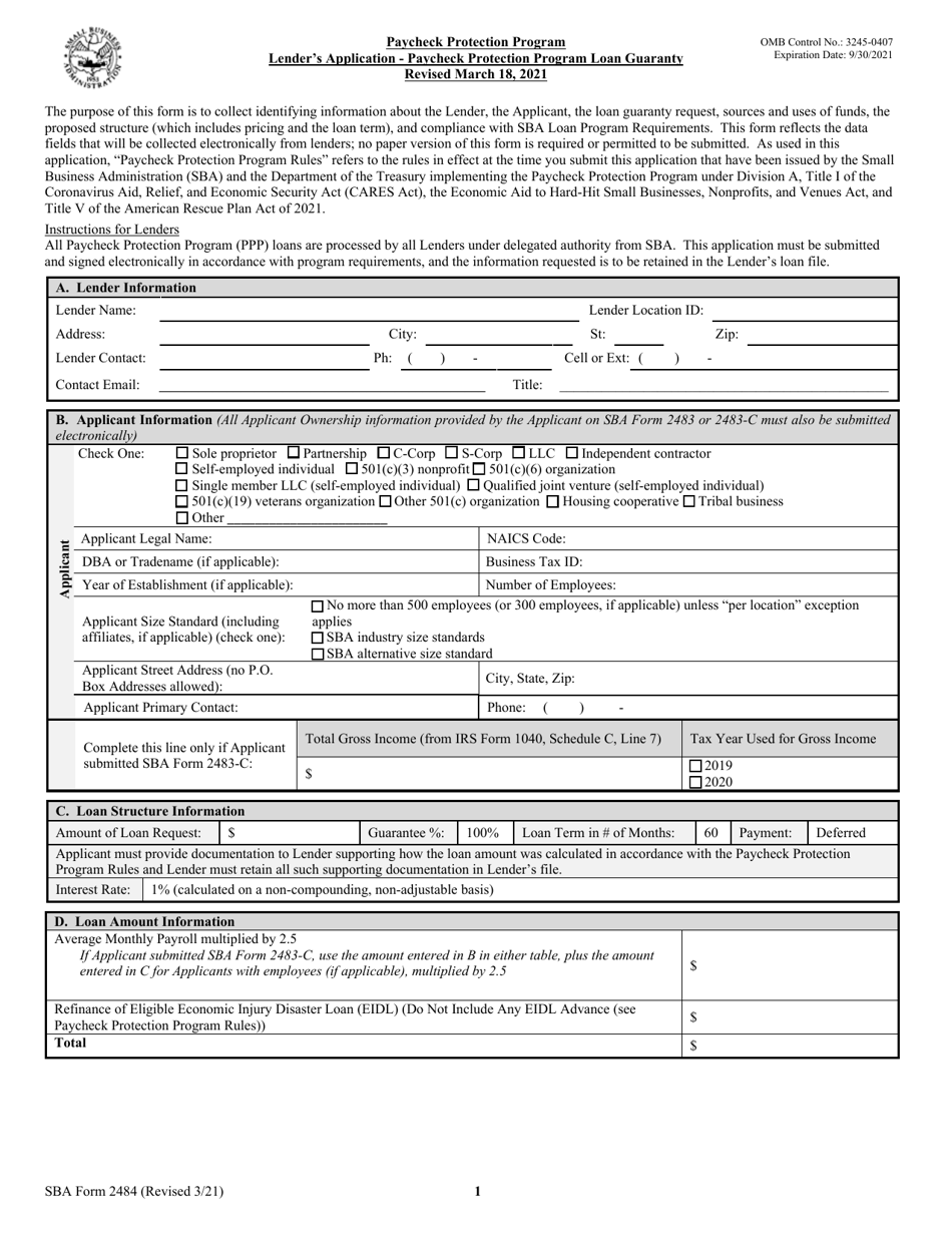 SBA Form 2484 Download Fillable PDF or Fill Online Lender's Application ...