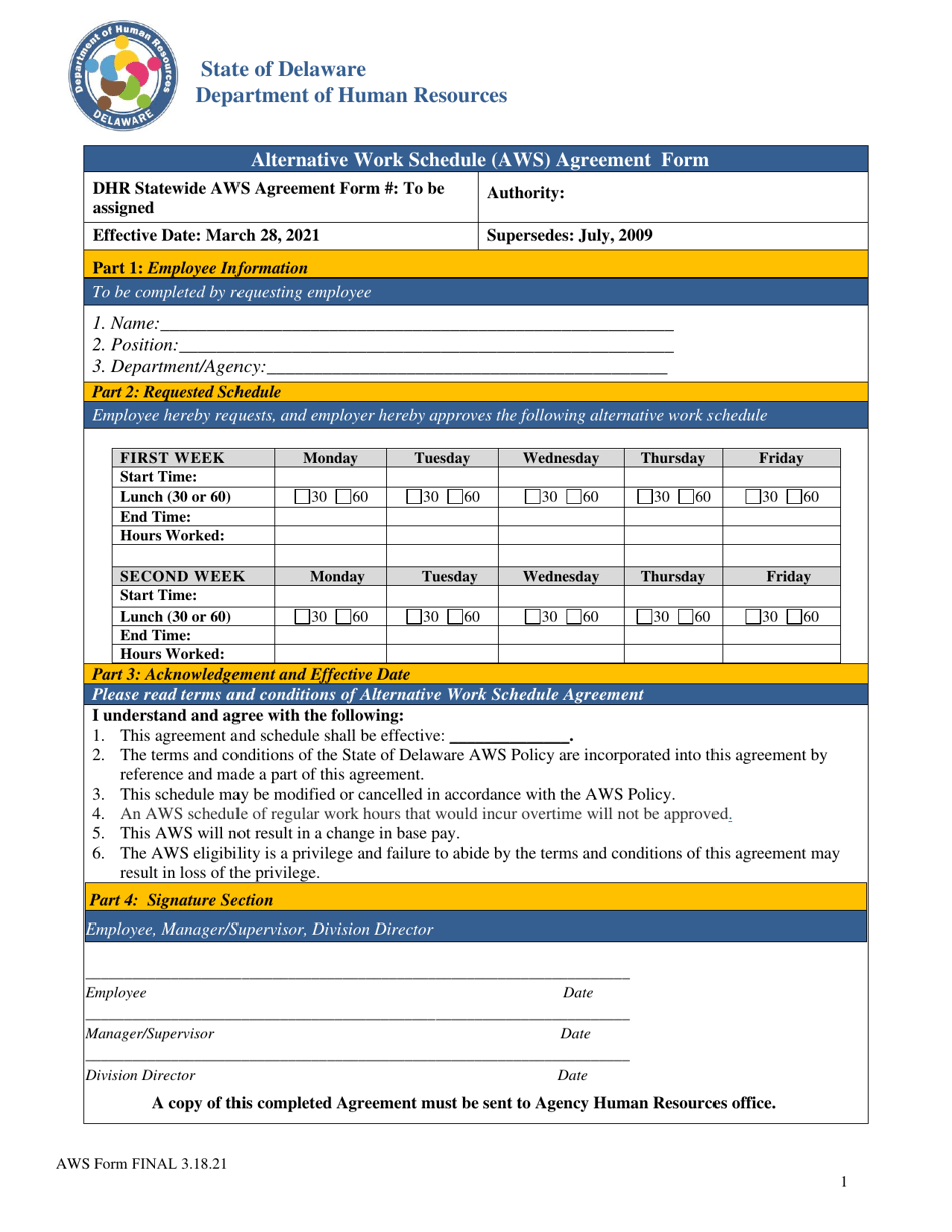Delaware Alternative Work Schedule (Aws) Agreement Form - Fill Out ...