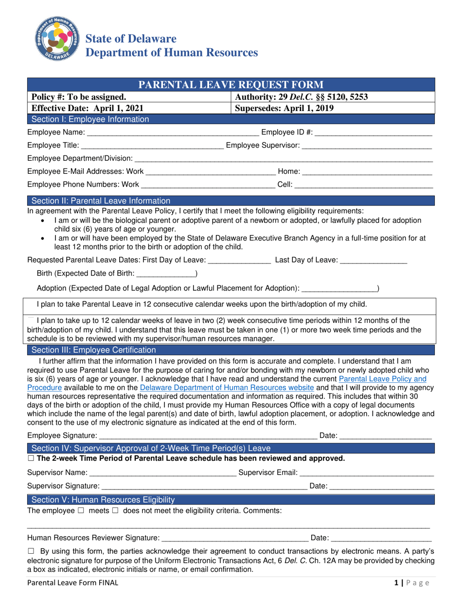 Delaware Parental Leave Request Form Download Fillable PDF | Templateroller