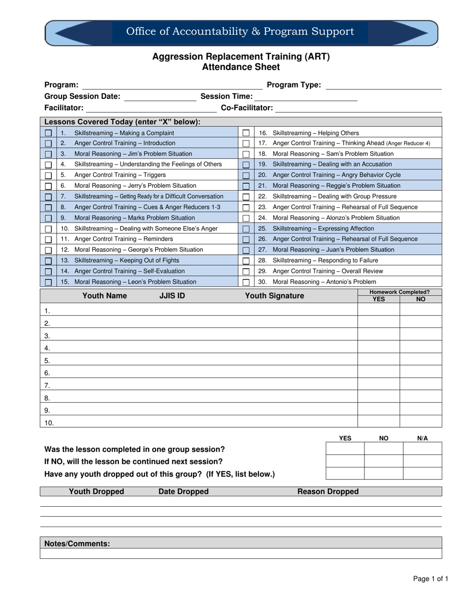 Florida Aggression Replacement Training (Art) Attendance Sheet - Fill ...