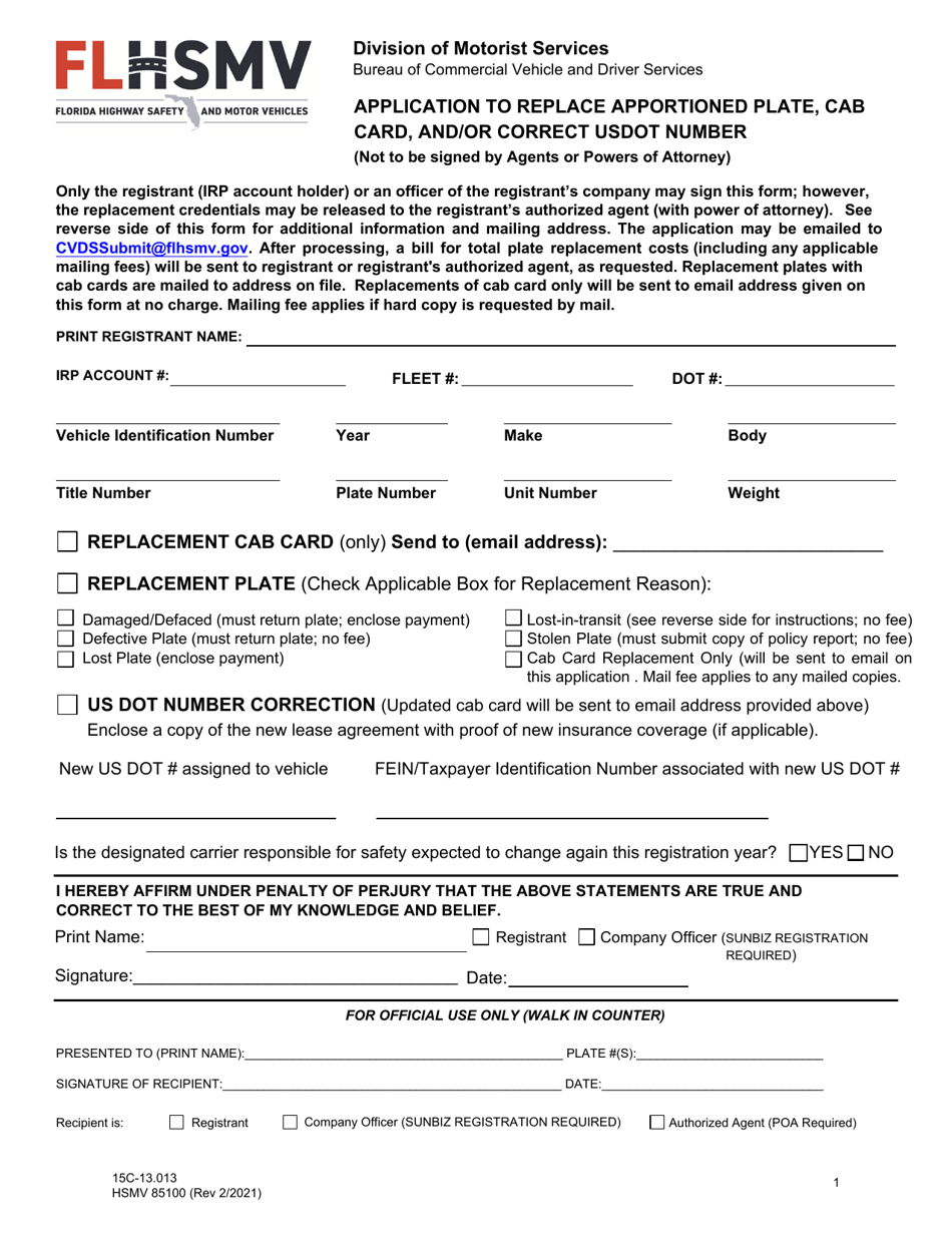 Form HSMV85100 Download Fillable PDF or Fill Online Application to ...