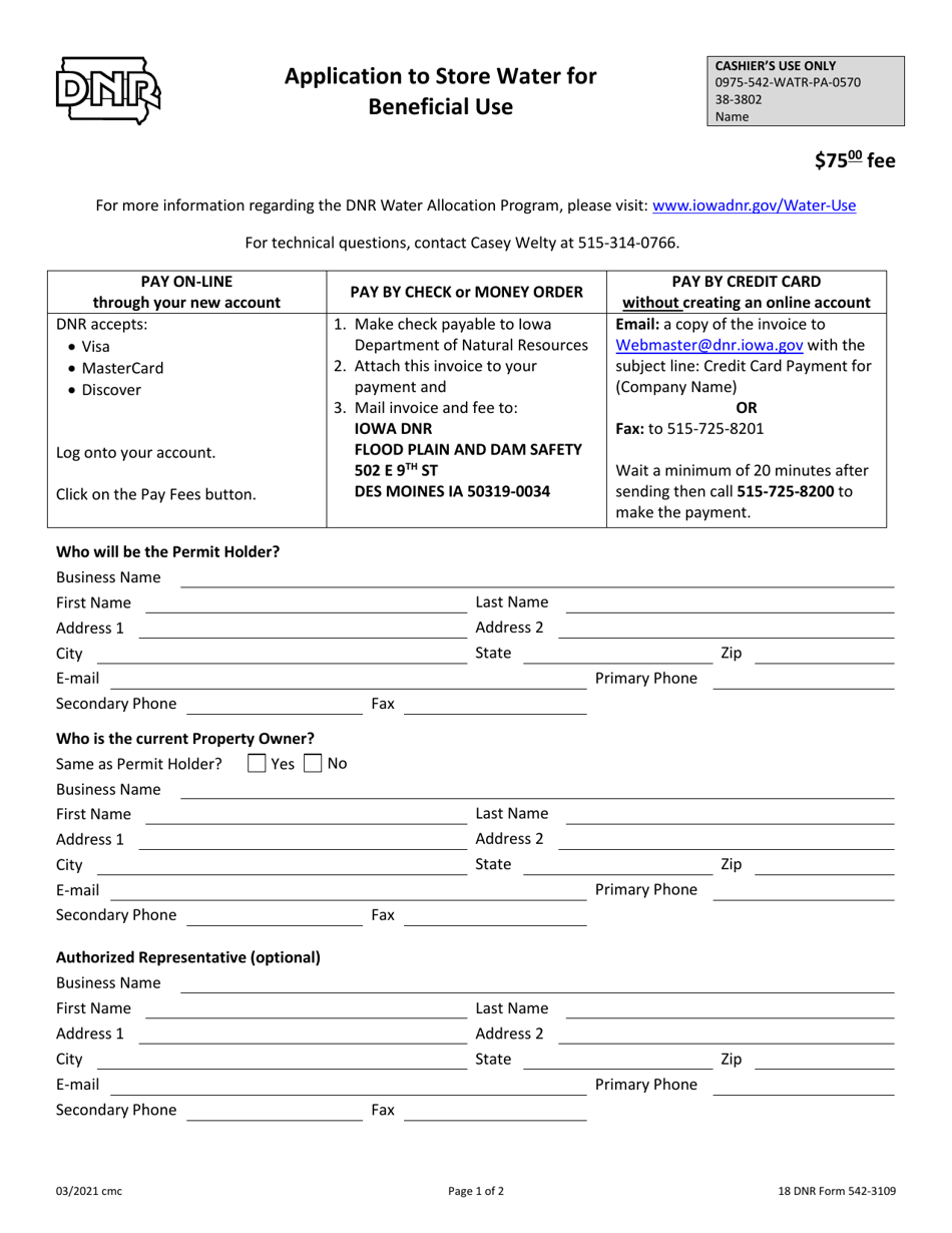 DNR Form 542-3109 Download Fillable PDF or Fill Online Application to ...