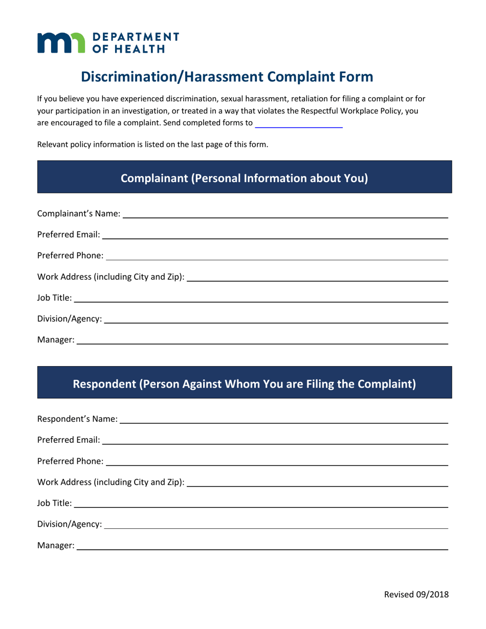 Minnesota Discrimination/Harassment Complaint Form - Fill Out, Sign ...