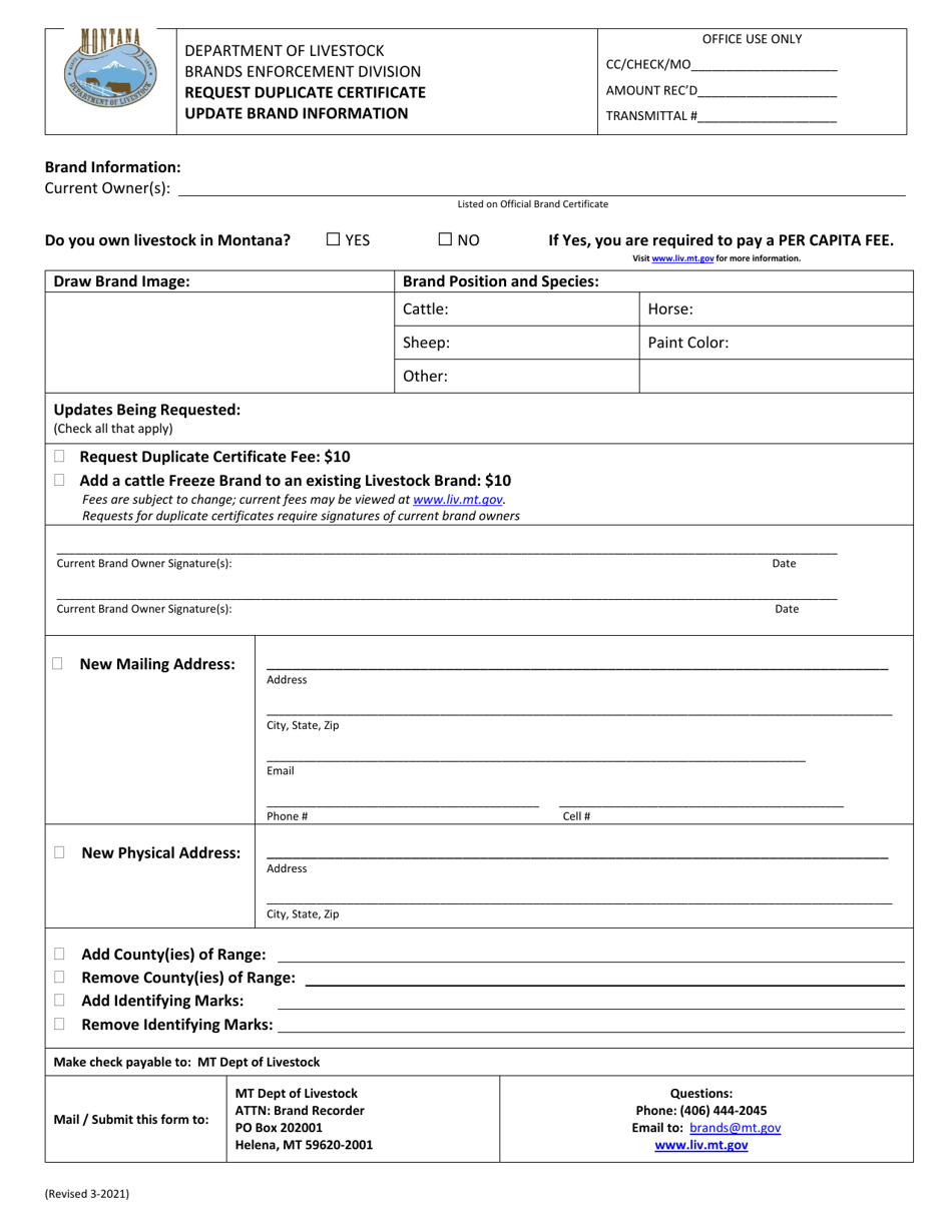 Montana Request Duplicate Certificate Update Brand Information - Fill ...