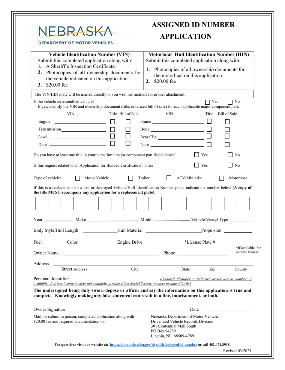 Nebraska Assigned Id Number Application Download Fillable PDF 2020 ...