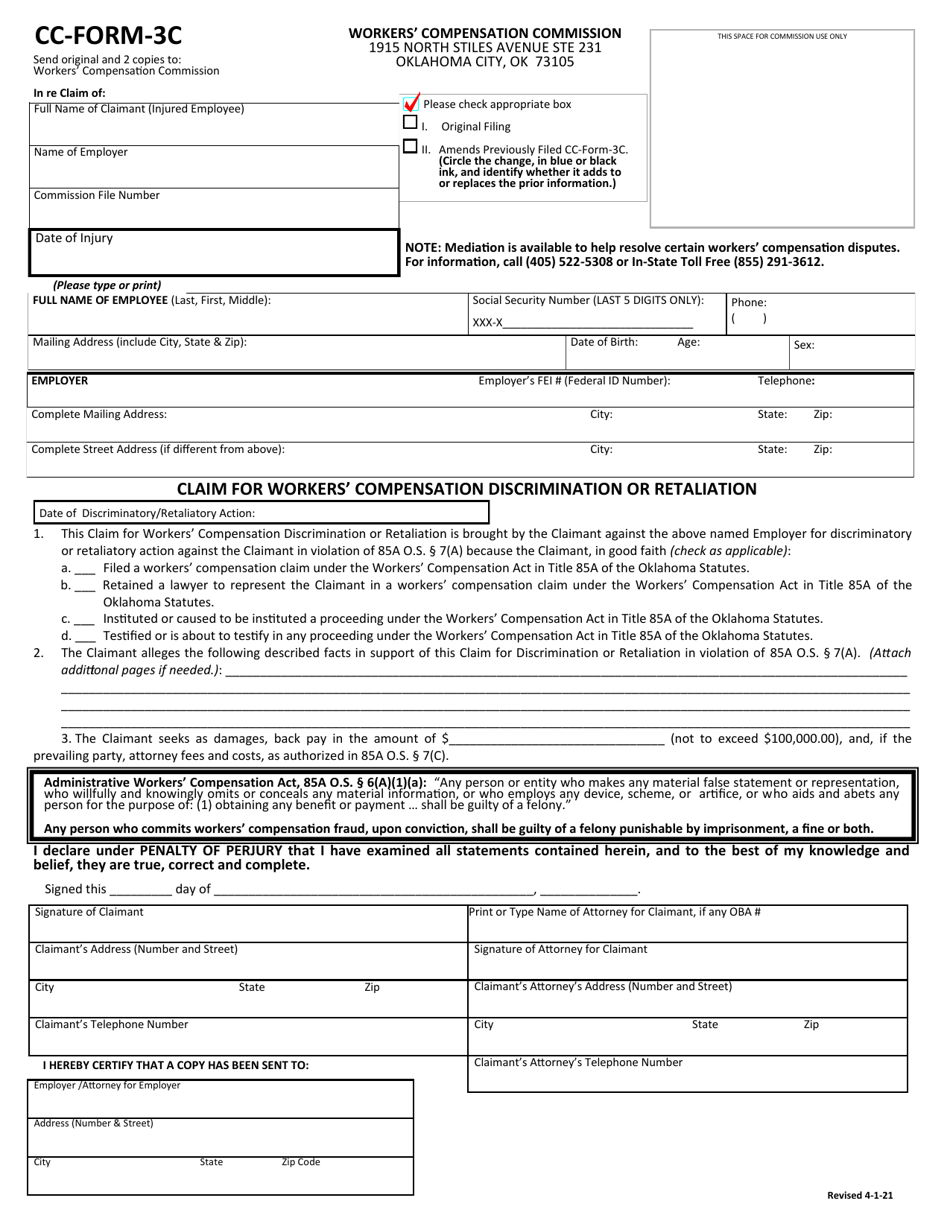 CC- Form 3C Download Fillable PDF or Fill Online Claim for Workers' Compensation Discrimination ...