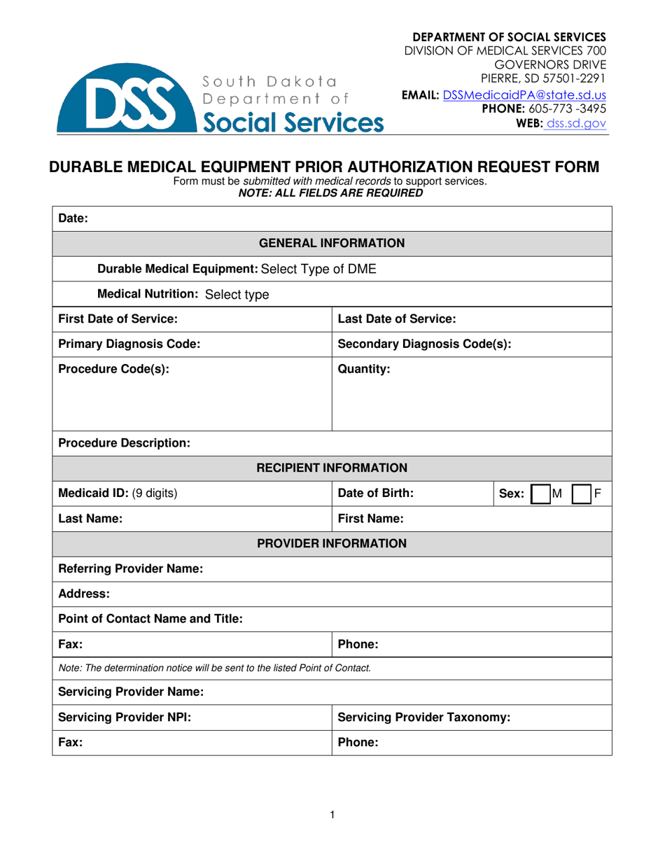South Dakota Durable Medical Equipment Prior Authorization Request Form ...