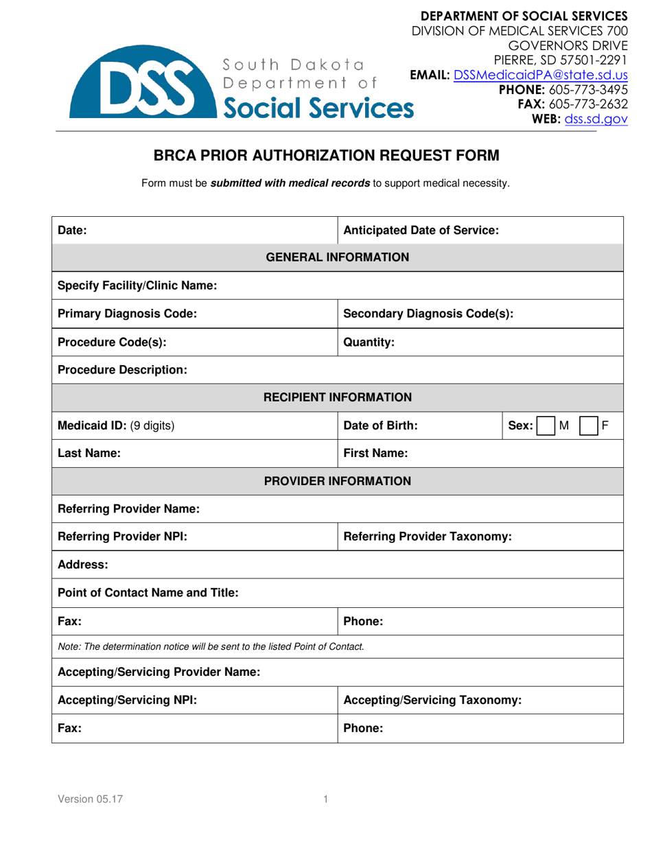 South Dakota Brca Prior Authorization Request Form Download Fillable PDF 2017 — 2025 ...