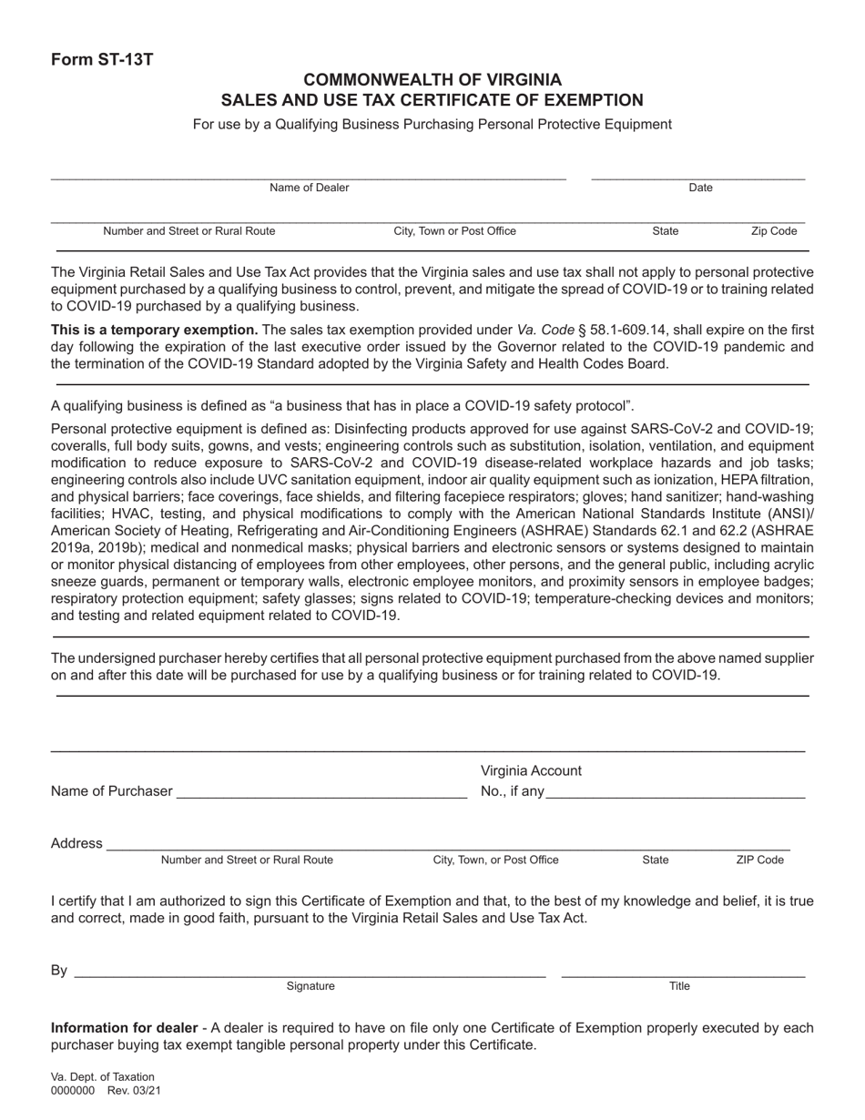 Form ST-13T - Fill Out, Sign Online and Download Fillable PDF, Virginia ...
