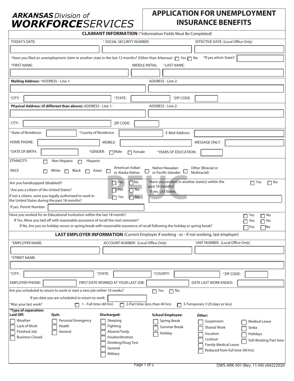 Form DWS-ARK-501 Download Printable PDF or Fill Online Application for ...