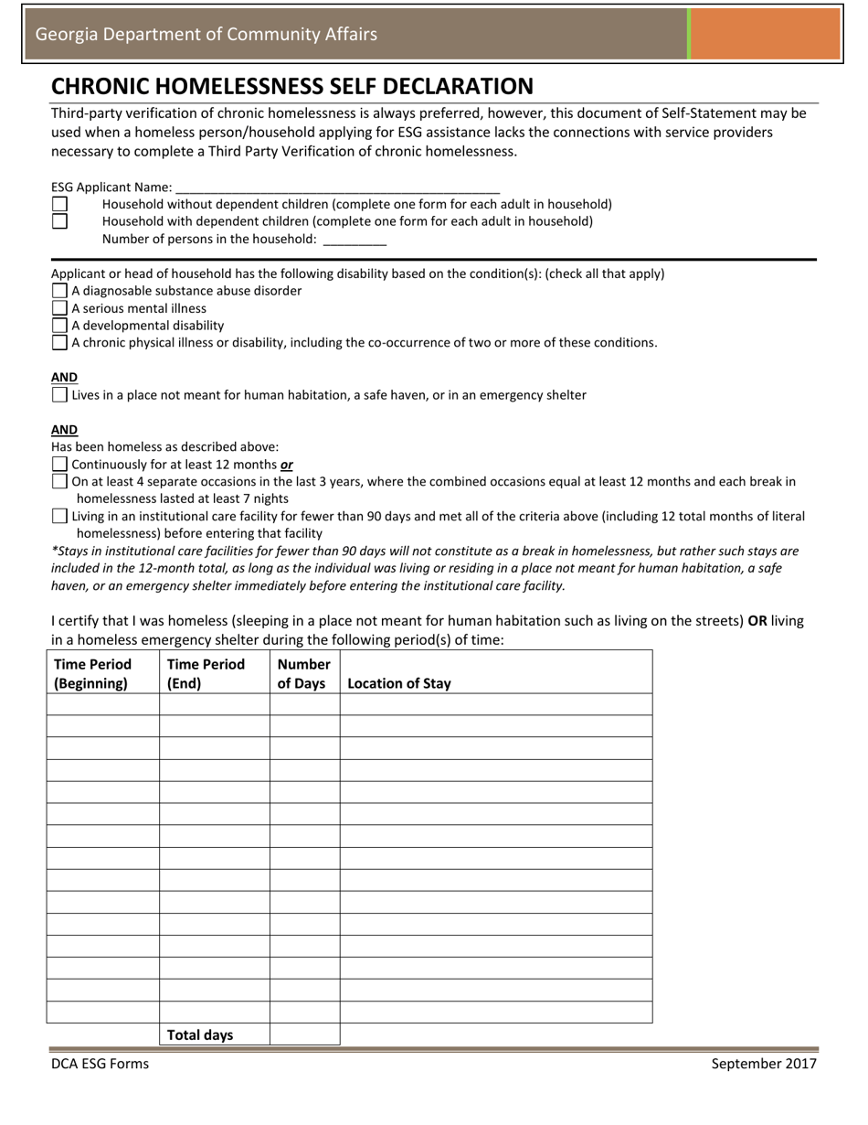 Georgia (United States) Chronic Homelessness Self Declaration - Fill ...