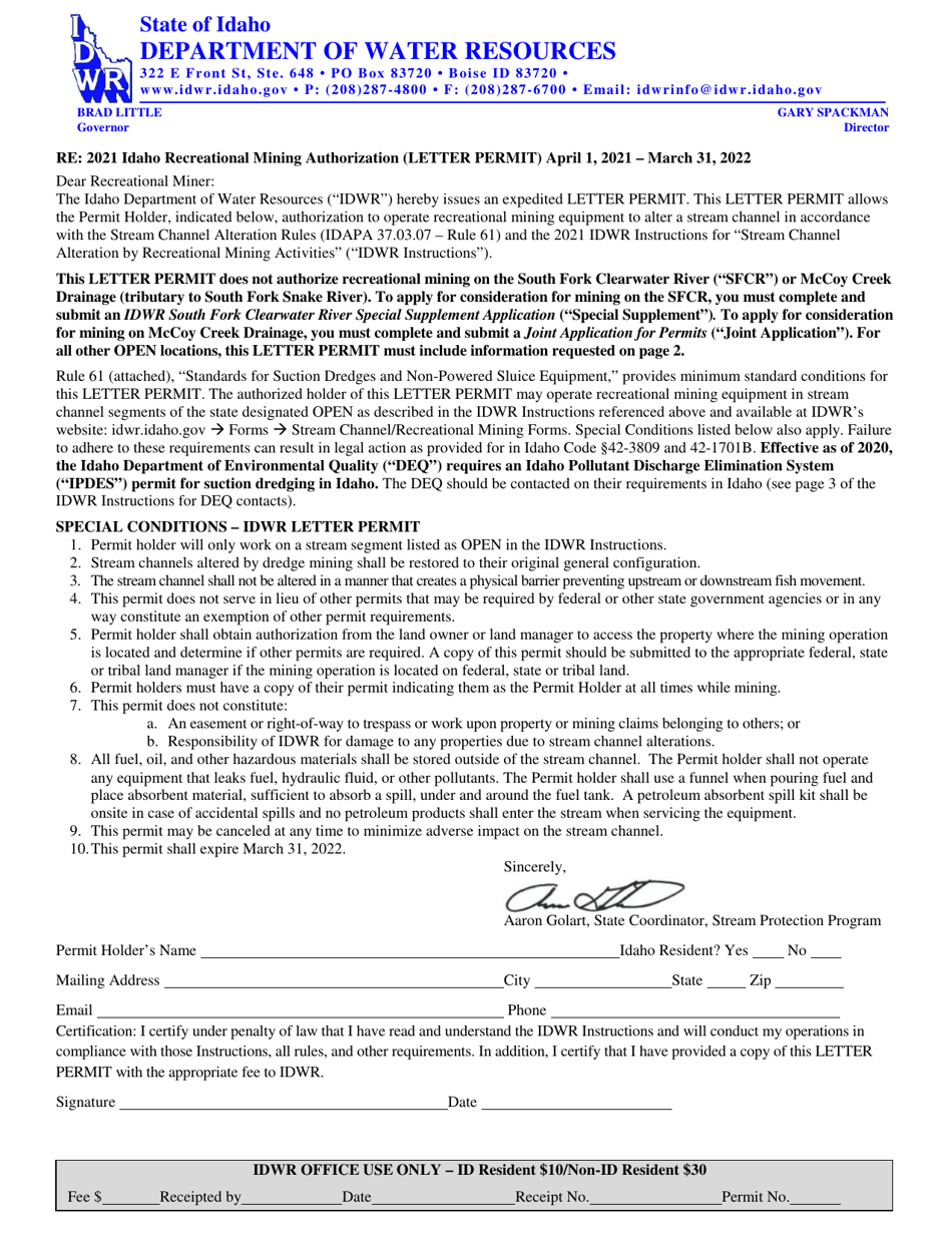 2022 Idaho Idaho Recreational Mining Authorization (Letter Permit ...