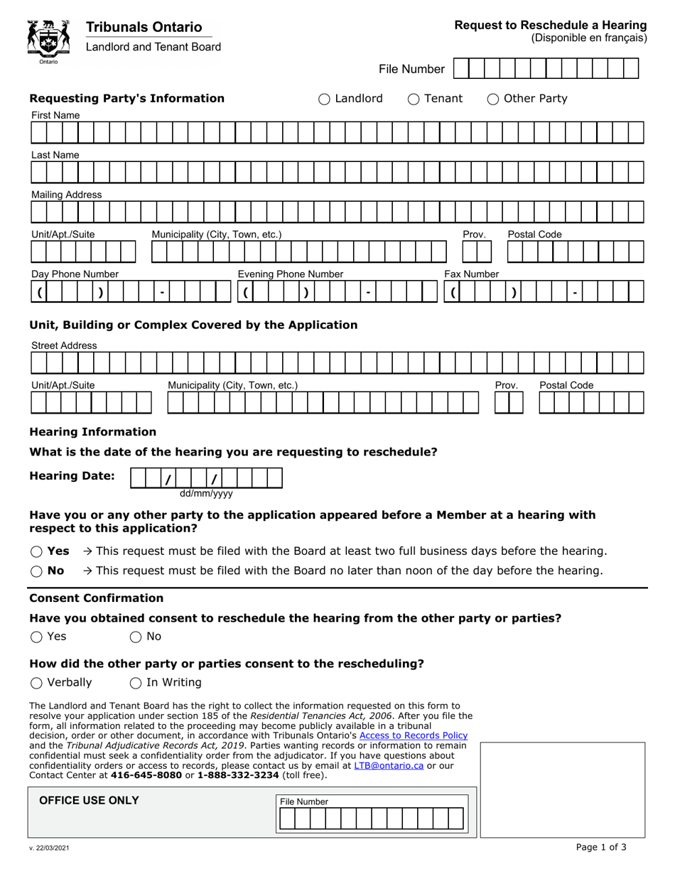 Ontario Canada Request to Reschedule a Hearing - Fill Out, Sign Online ...