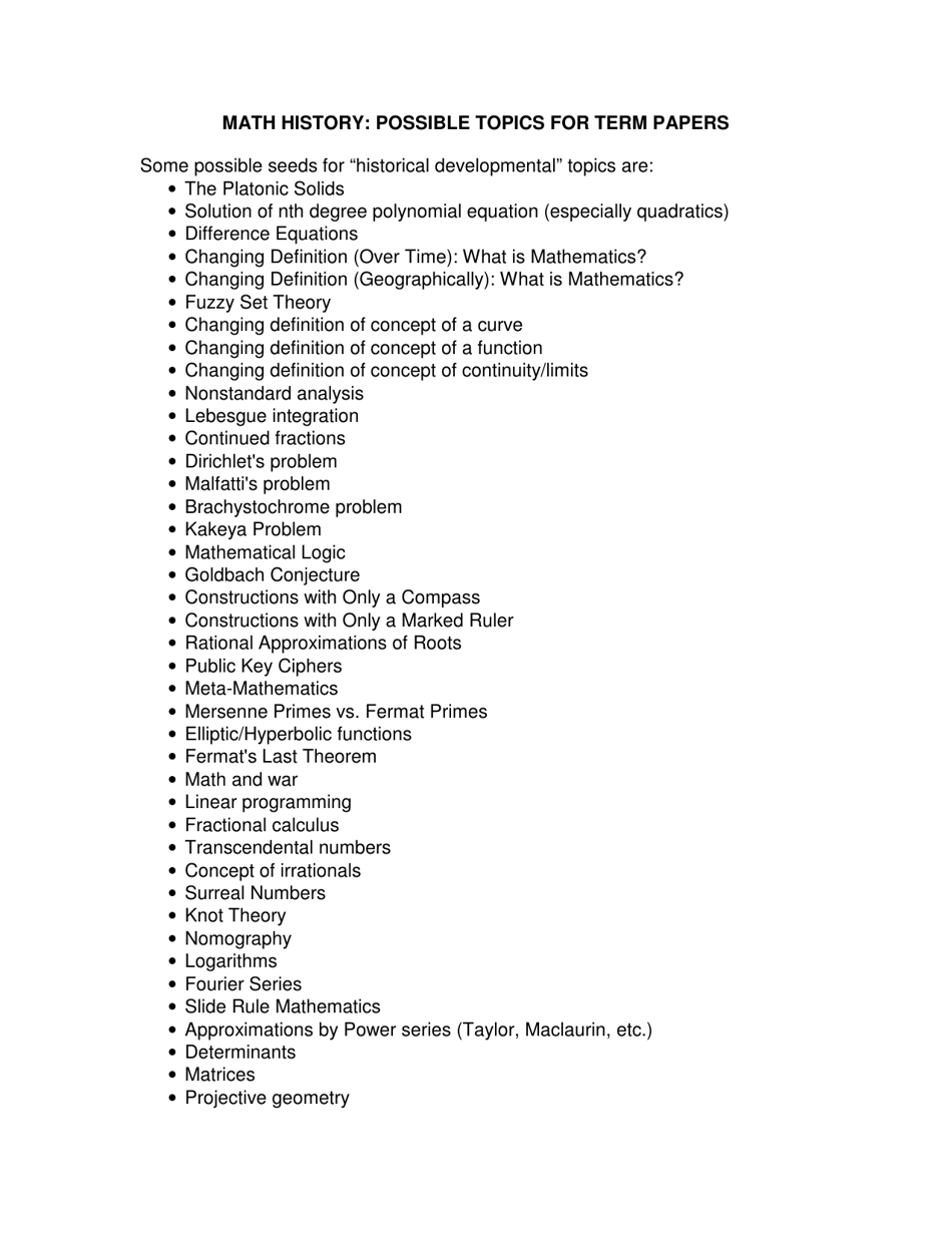 Math History: Possible Topics for Term Papers - Western Washington ...