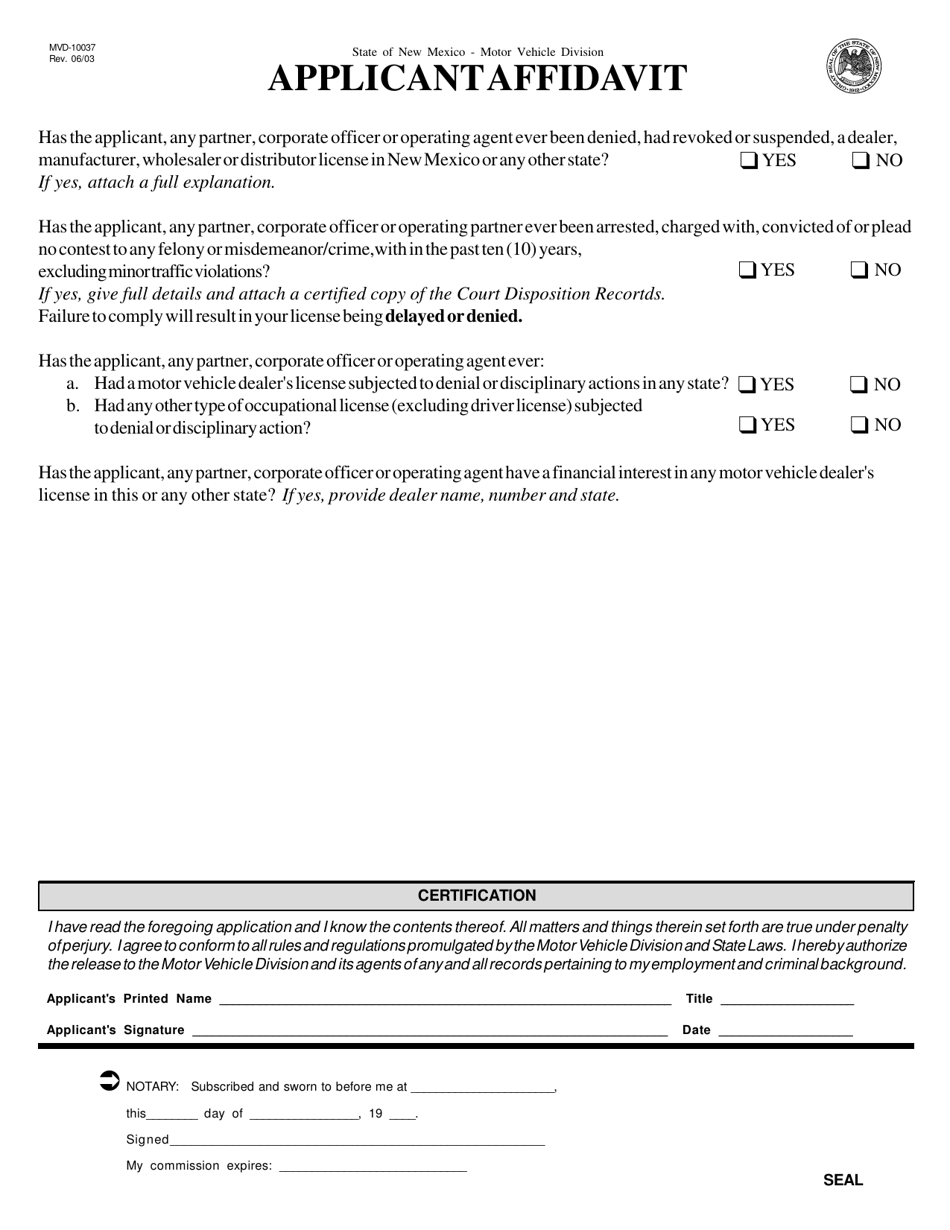 Form MVD-10037 - Fill Out, Sign Online and Download Printable PDF, New ...