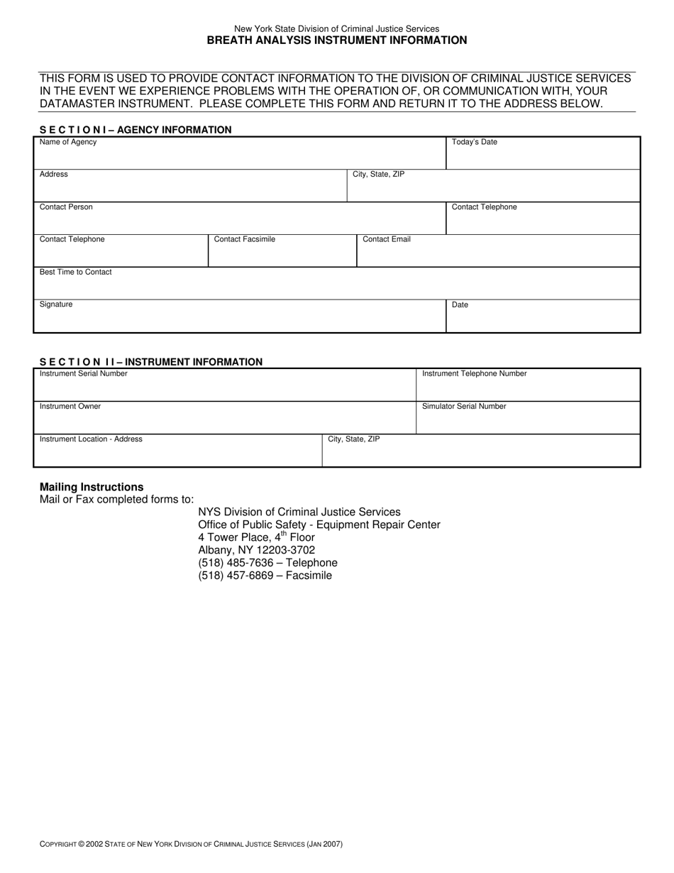 New York Breath Analysis Instrument Information - Fill Out, Sign Online ...