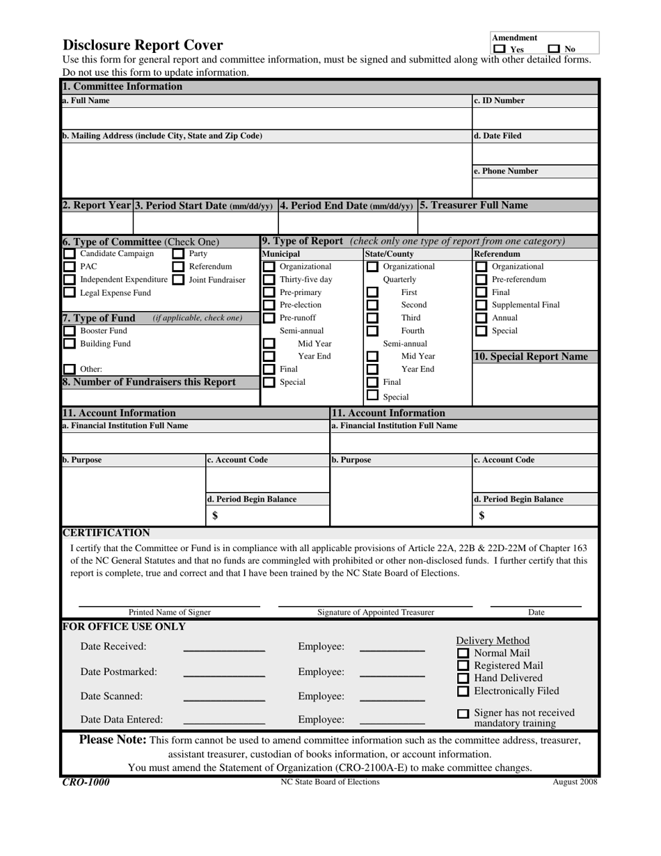 Form CRO-1000 - Fill Out, Sign Online and Download Printable PDF, North ...