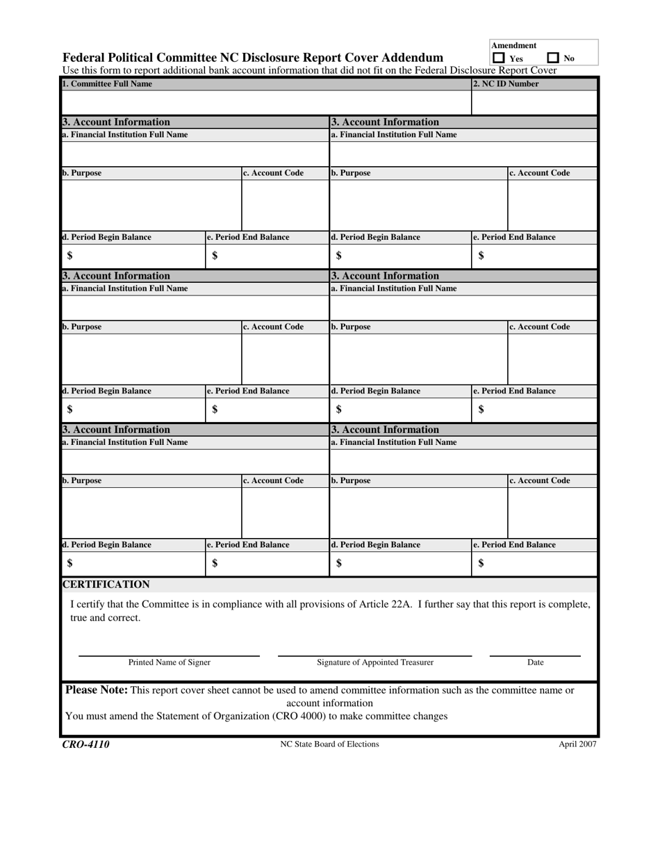 Form CRO-4110 - Fill Out, Sign Online and Download Printable PDF, North ...