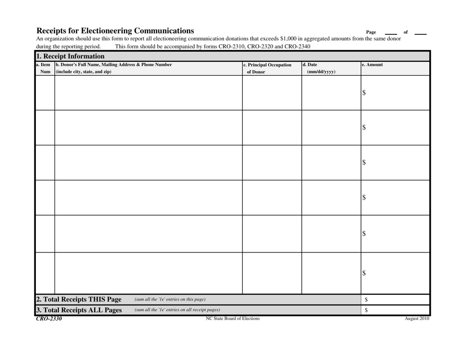 Form CRO-2330 - Fill Out, Sign Online and Download Printable PDF, North ...