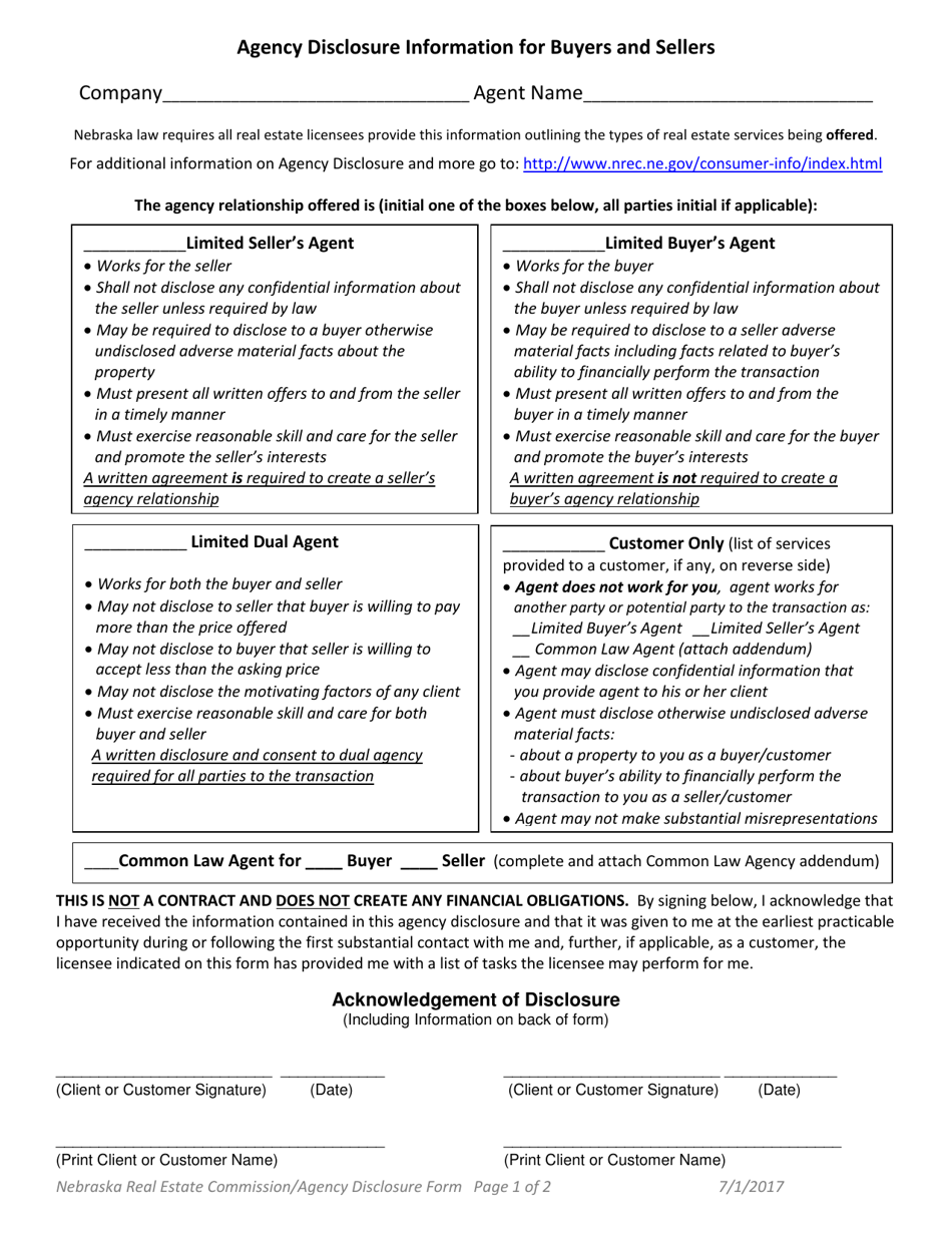Nebraska Agency Disclosure Information for Buyers and Sellers - Fill ...
