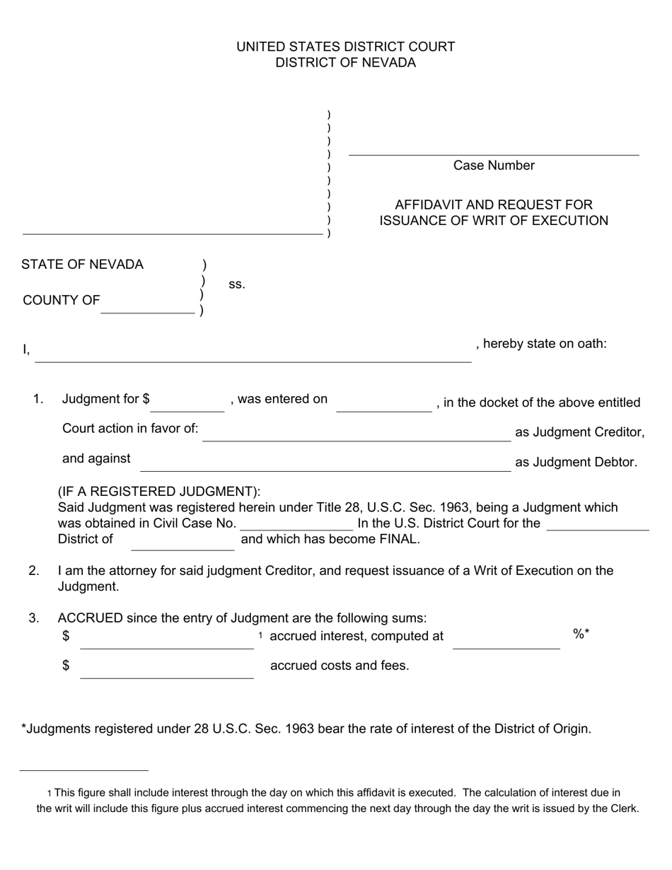 Nevada Affidavit and Request for Issuance of Writ of Execution - Fill ...