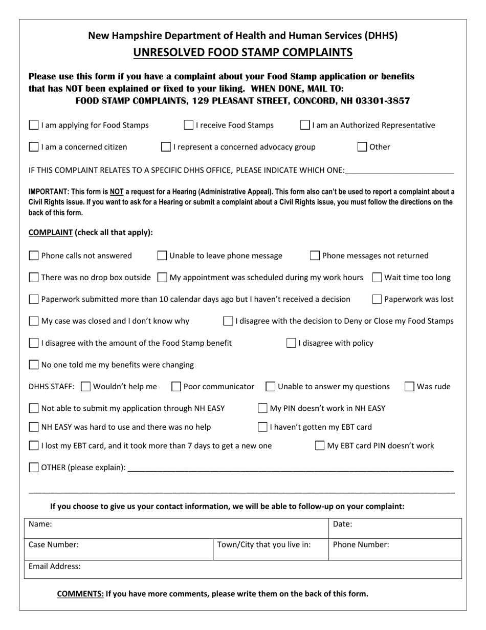 New Hampshire Unresolved Food Stamp Complaints - Fill Out, Sign Online ...