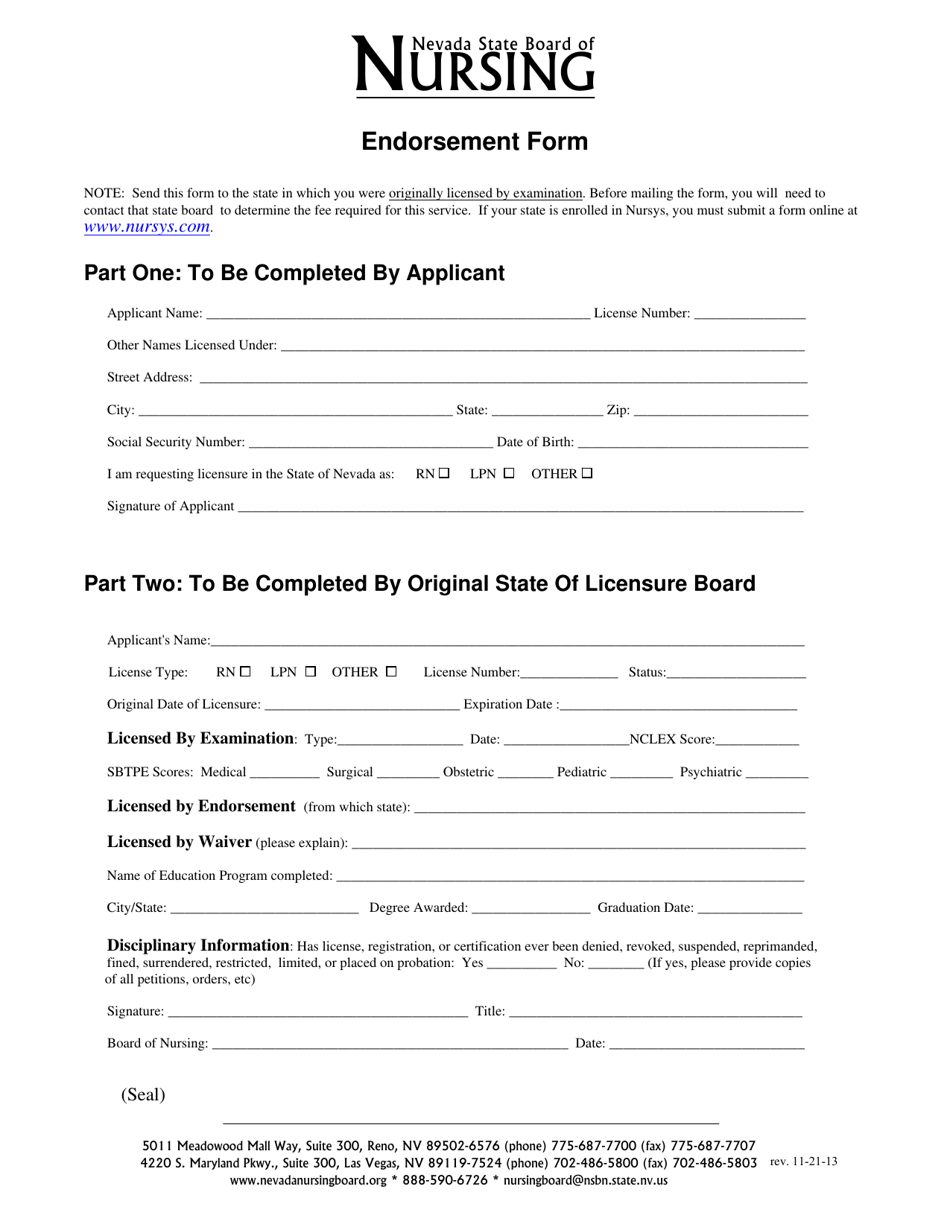 Nevada Rn/Lpn Endorsement Form - Fill Out, Sign Online and Download PDF ...
