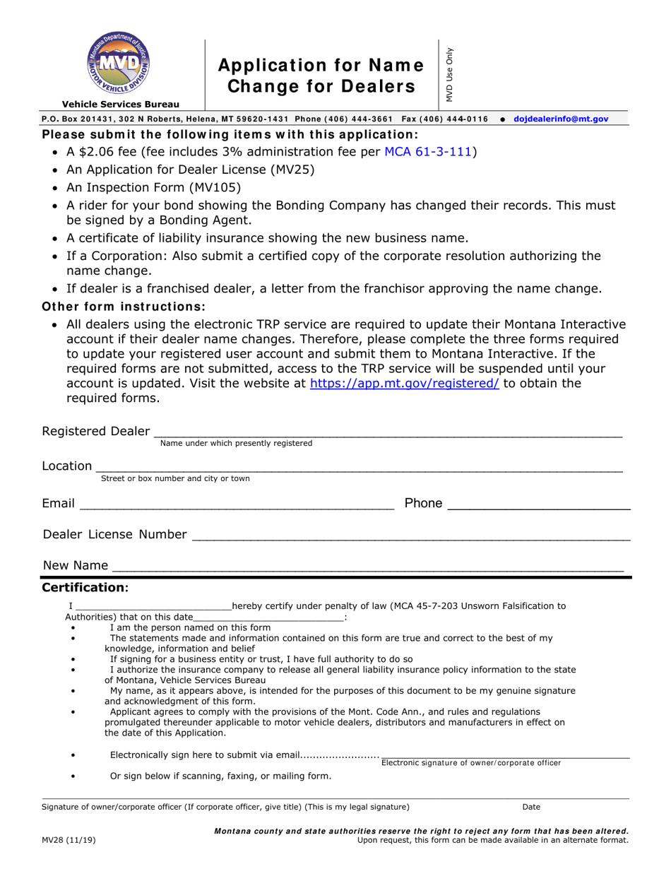 Form MV28 - Fill Out, Sign Online and Download Fillable PDF, Montana ...