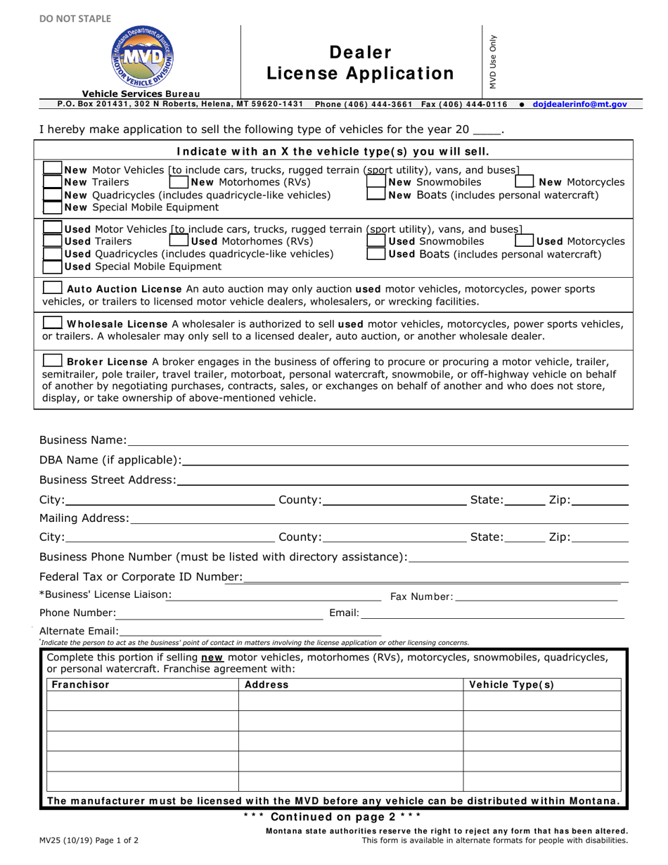 Form MV25 - Fill Out, Sign Online and Download Fillable PDF, Montana ...