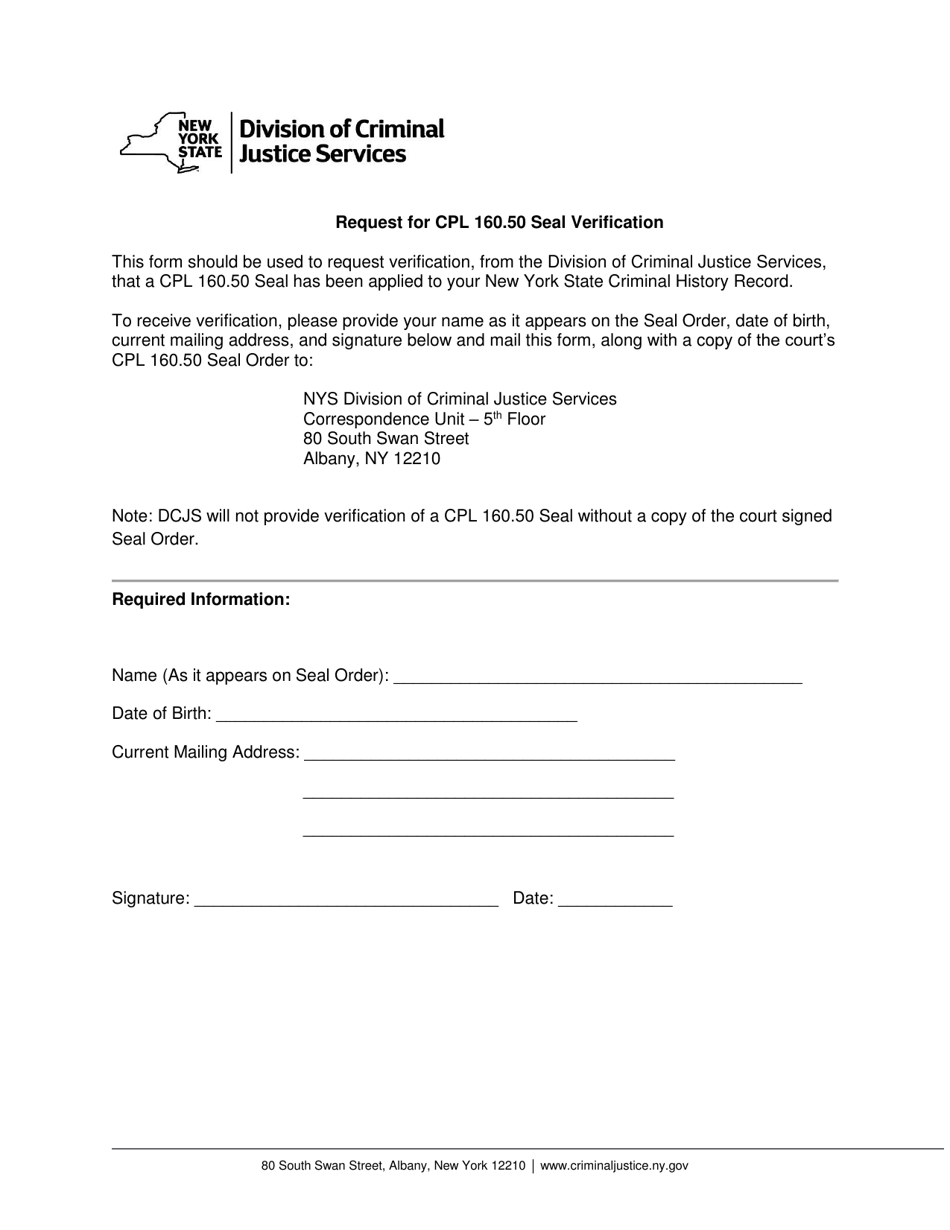 New York Request for Cpl 160.50 Seal Verification - Fill Out, Sign ...