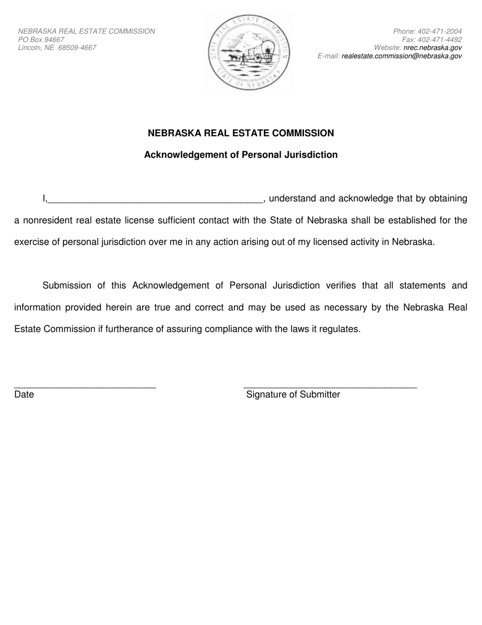 Nebraska Acknowledgement of Personal Jurisdiction - Fill Out, Sign Online and Download PDF ...