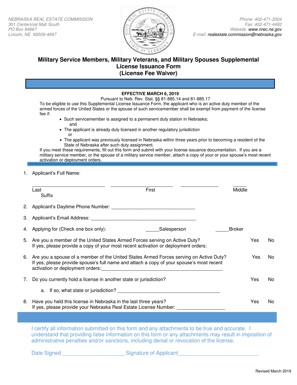 Nebraska Supplemental License Issuance Form for Military Service ...