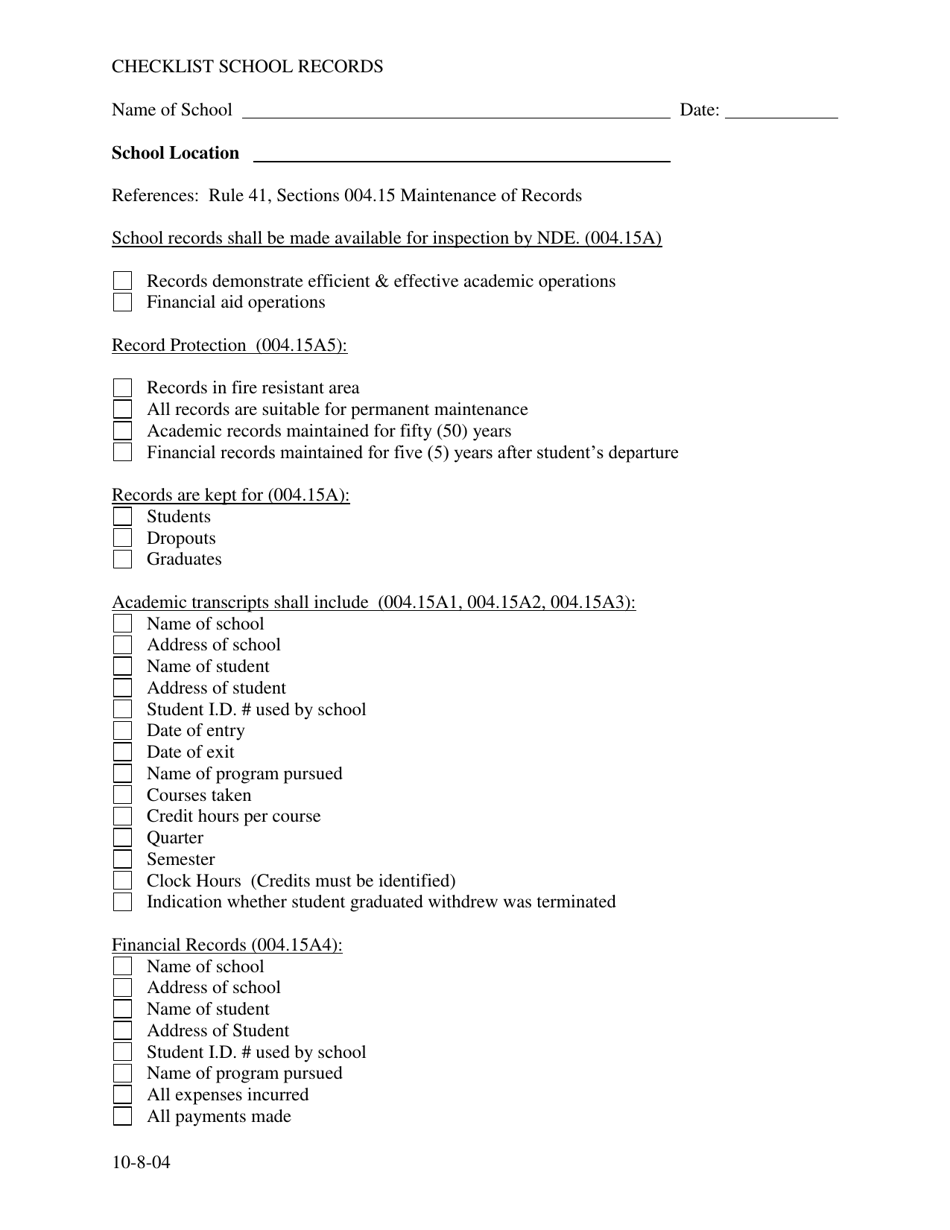 Nebraska Checklist School Records - Fill Out, Sign Online and Download ...
