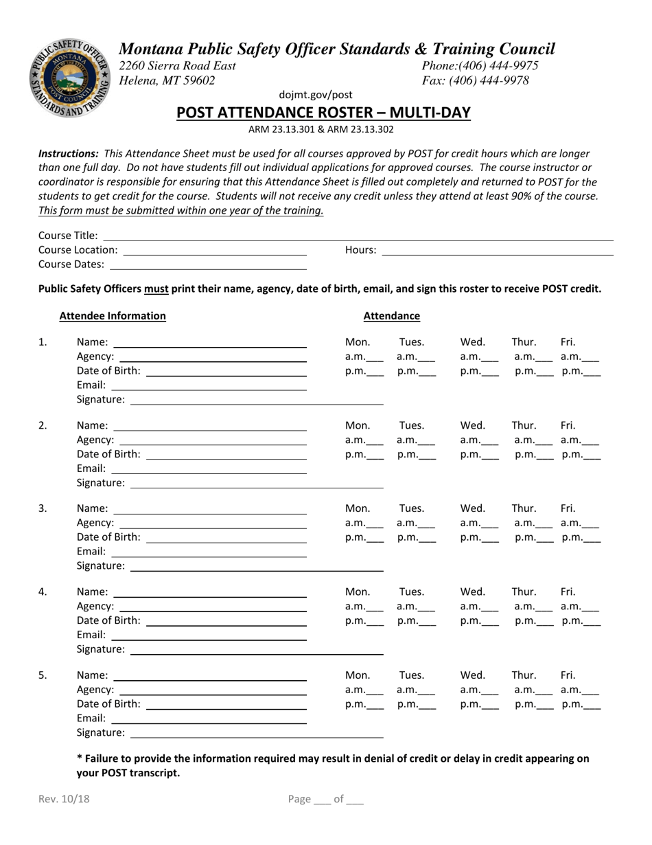 Montana Post Attendance Roster - Multi-day - Fill Out, Sign Online and ...