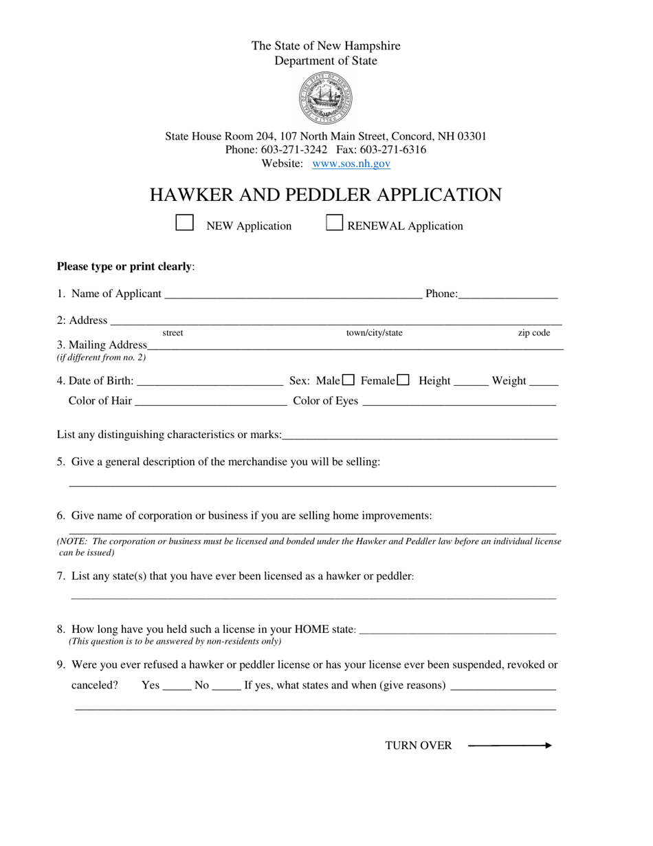 New Hampshire Hawker and Peddler Application - Fill Out, Sign Online ...
