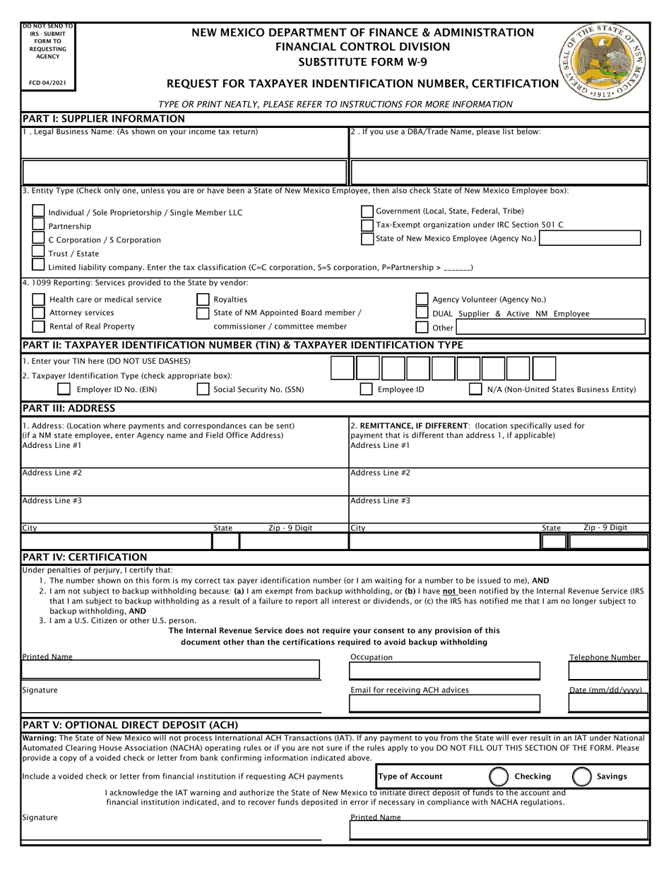 New Mexico Substitute Form W 9 Fillable Printable Forms Free Online