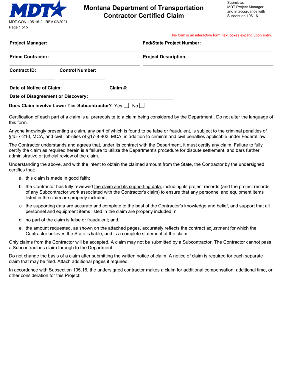 Form MDT-CON-105-16-2 - Fill Out, Sign Online and Download Fillable PDF ...