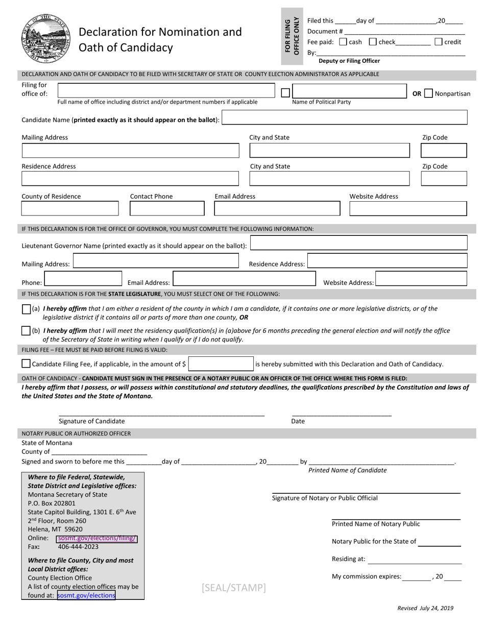 Montana Declaration for Nomination and Oath of Candidacy Download ...