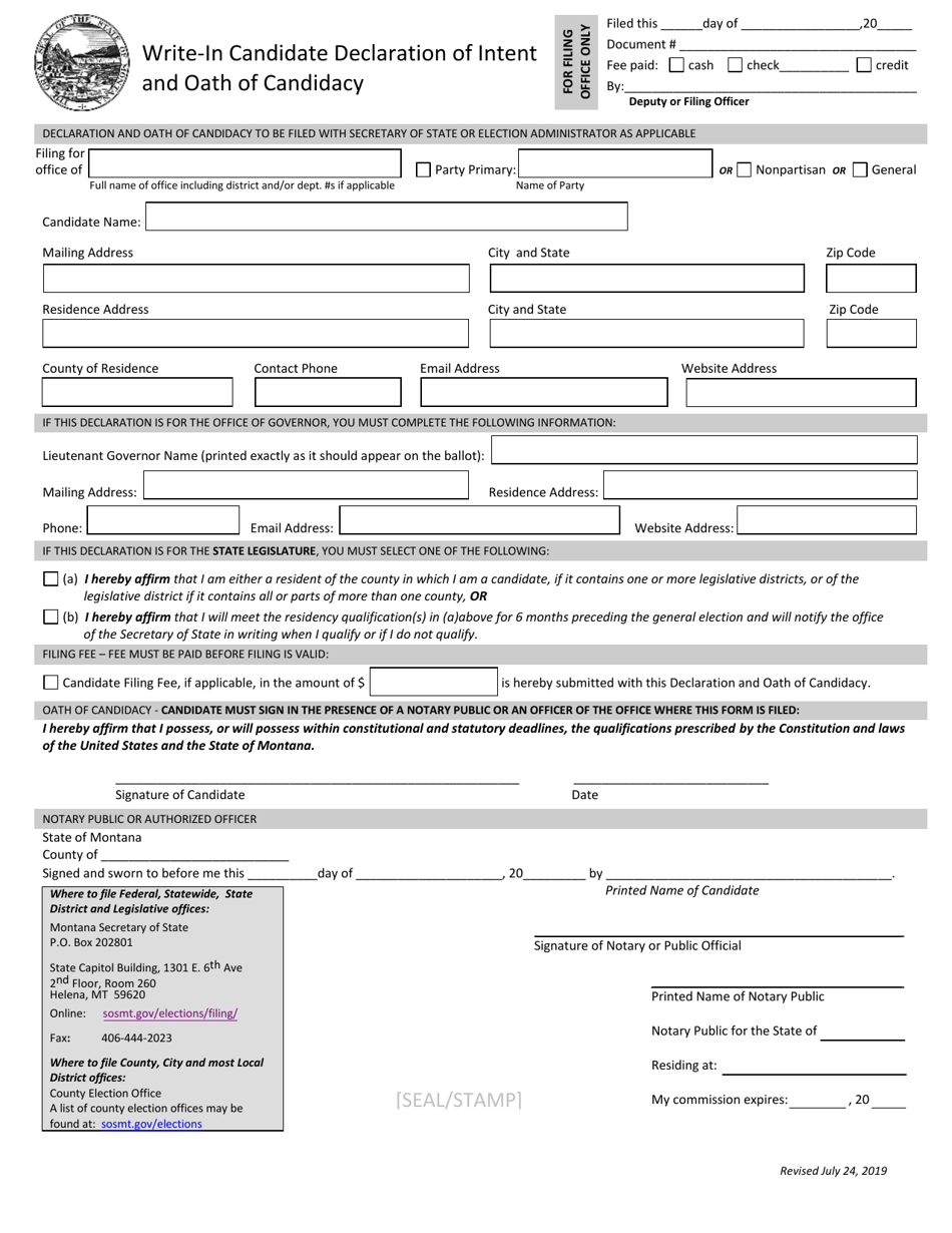 Montana Write-In Candidate Declaration of Intent and Oath of Candidacy ...