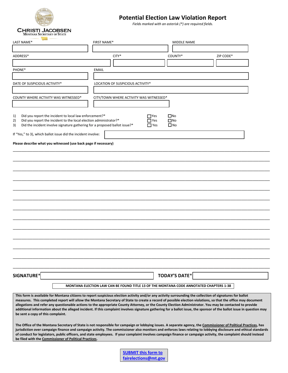 Montana Potential Election Law Violation Report - Fill Out, Sign Online ...