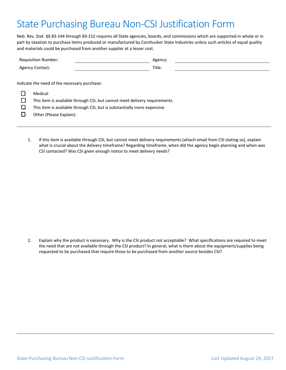 Nebraska State Purchasing Bureau Non-csi Justification Form - Fill Out ...