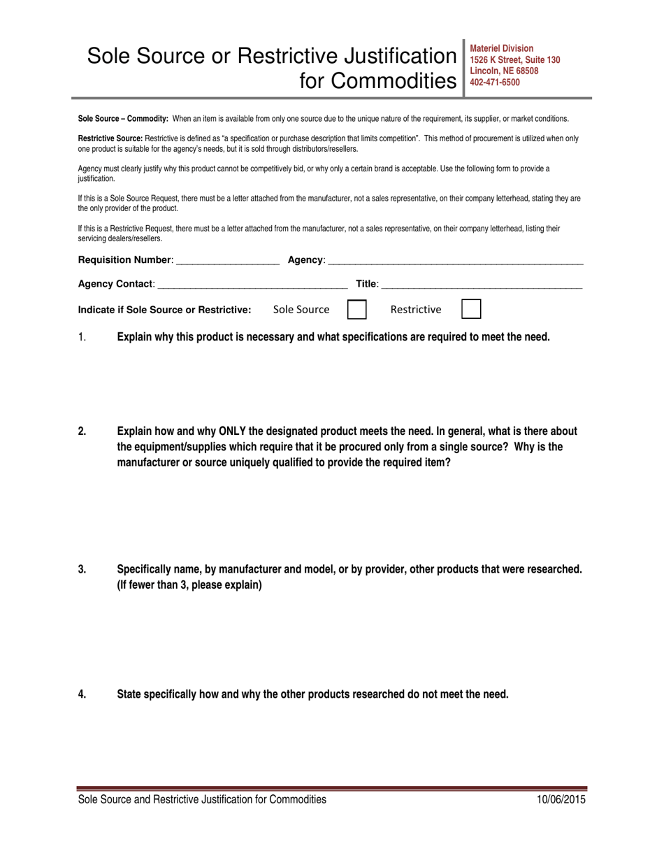 Nebraska Sole Source or Restrictive Justification for Commodities ...