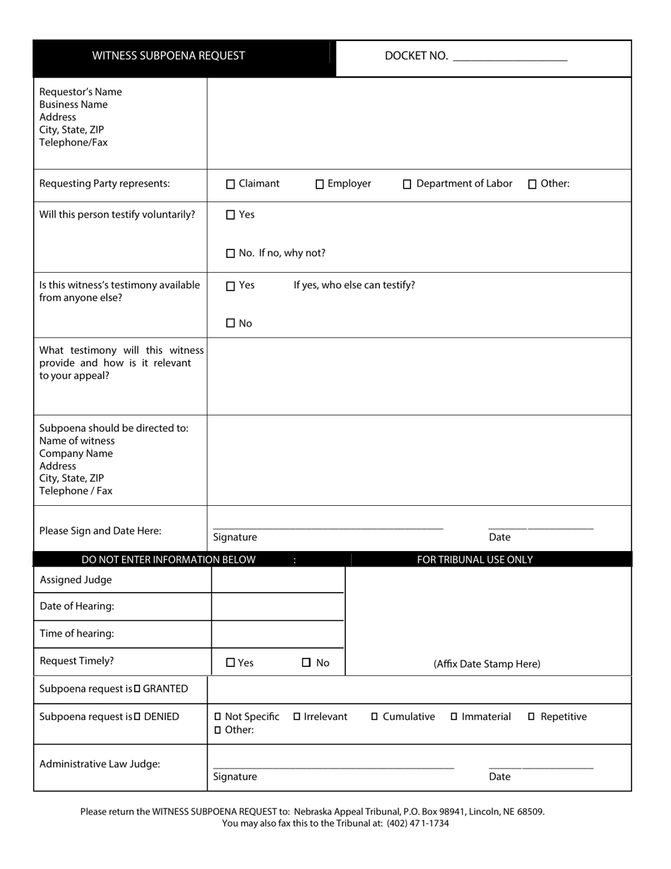 Nebraska Witness Subpoena Request - Fill Out, Sign Online and Download ...