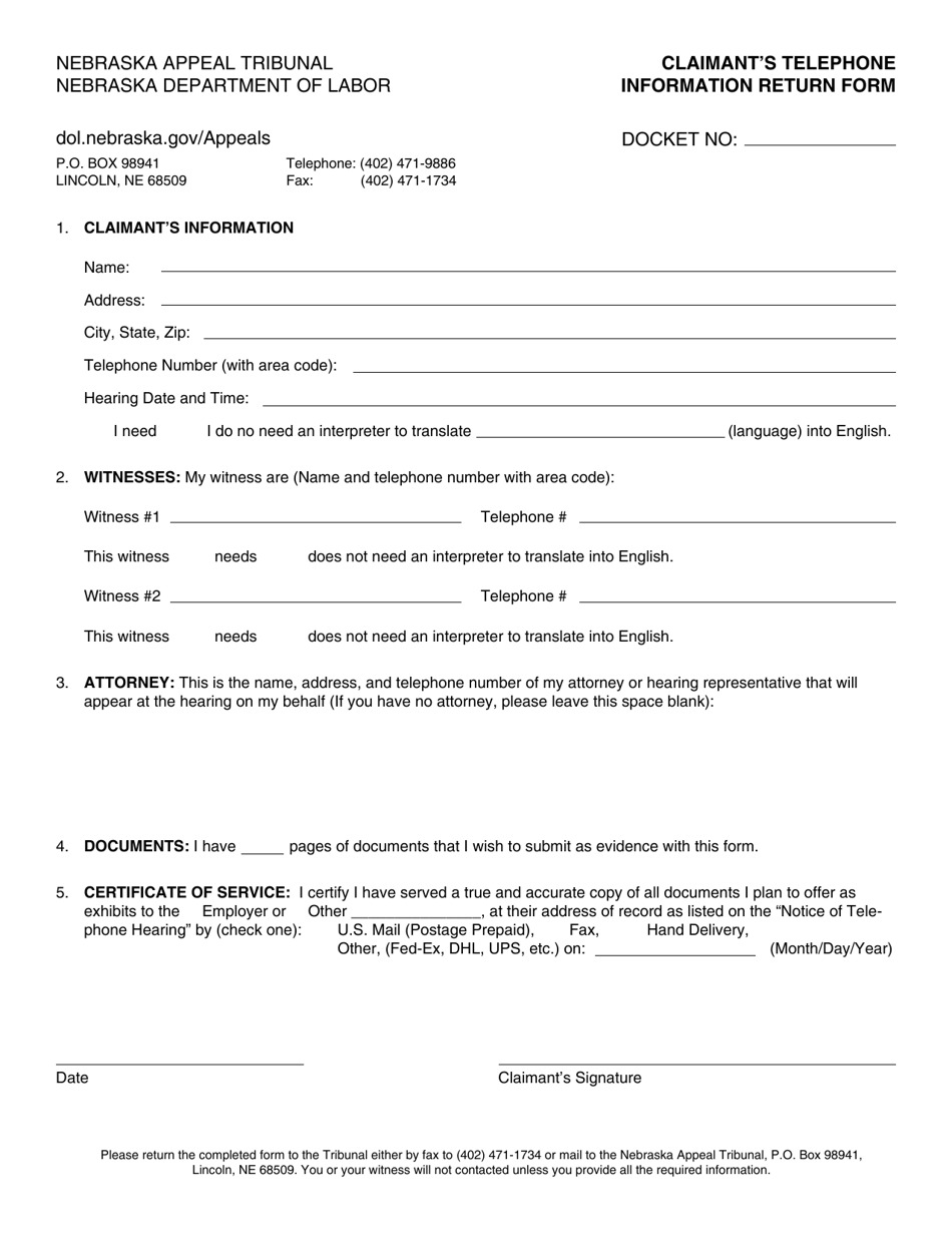 Nebraska Claimant's Telephone Information Return Form - Fill Out, Sign ...
