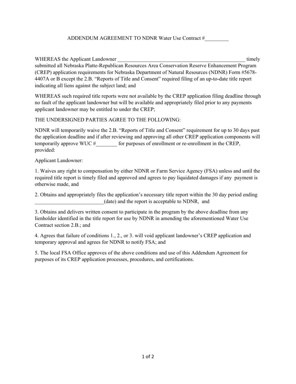 Nebraska Addendum Agreement to Ndnr Water Use Contract - Fill Out, Sign ...