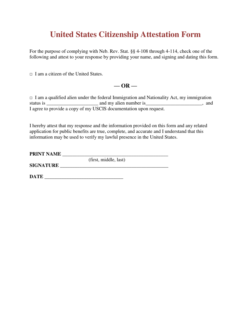 Nebraska United States Citizenship Attestation Form - Fill Out, Sign ...