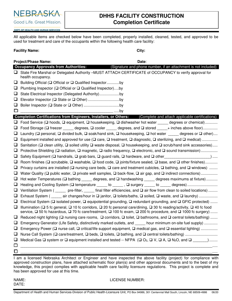 Nebraska Dhhs Facility Construction Completion Certificate - Fill Out ...