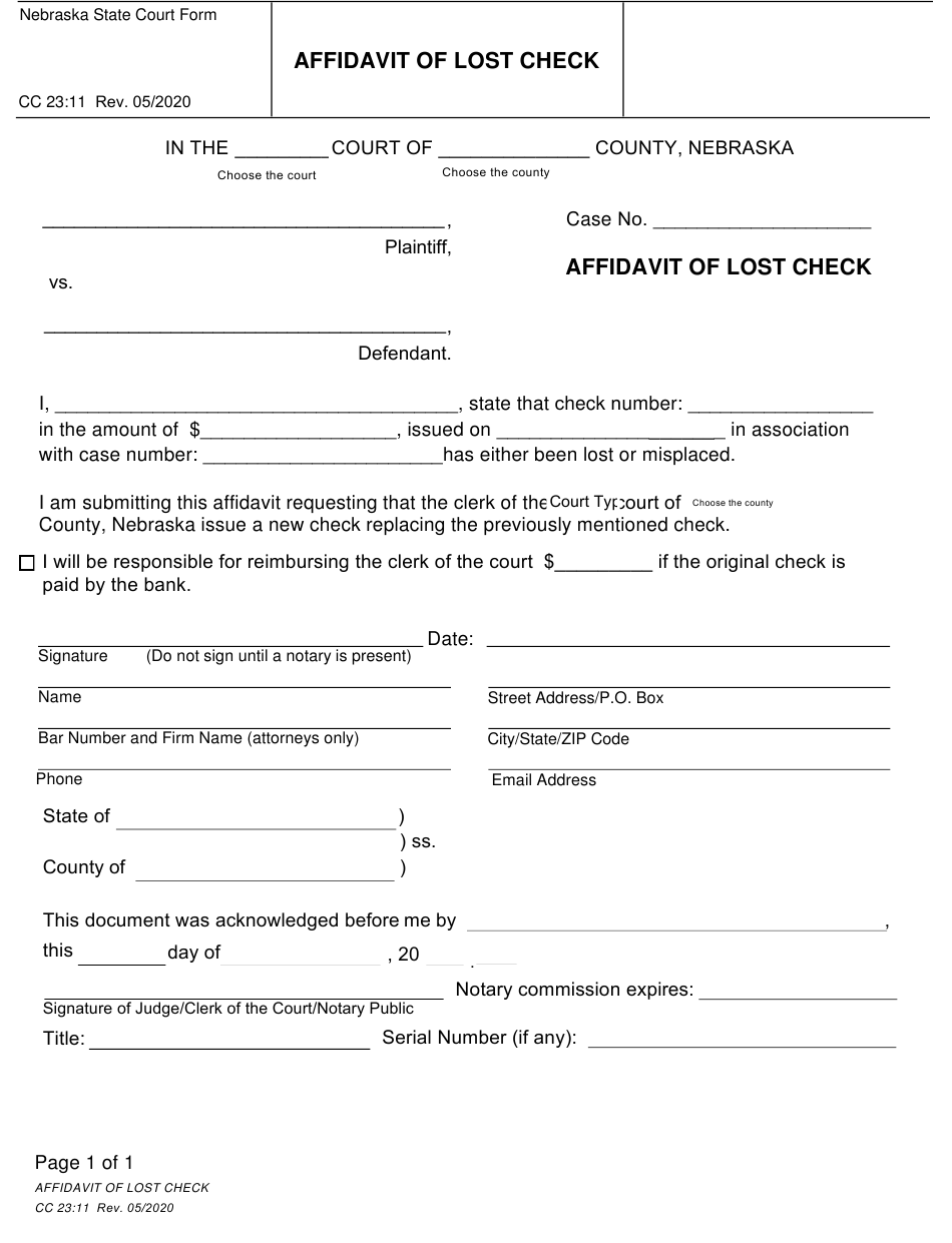 Form CC23:11 Download Fillable PDF or Fill Online Affidavit of Lost ...