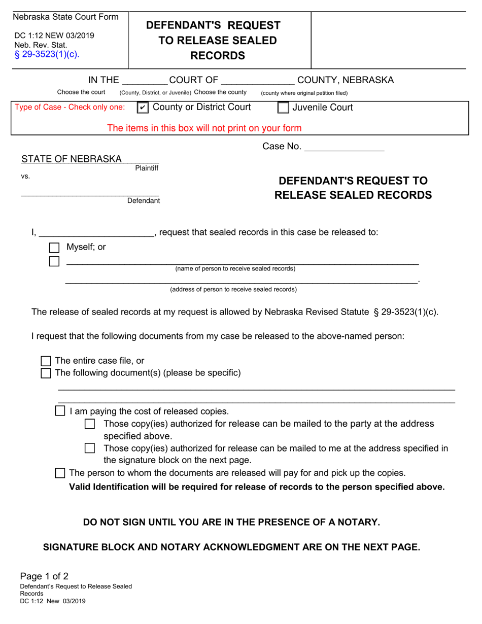 Form DC1:12 - Fill Out, Sign Online and Download Fillable PDF, Nebraska ...